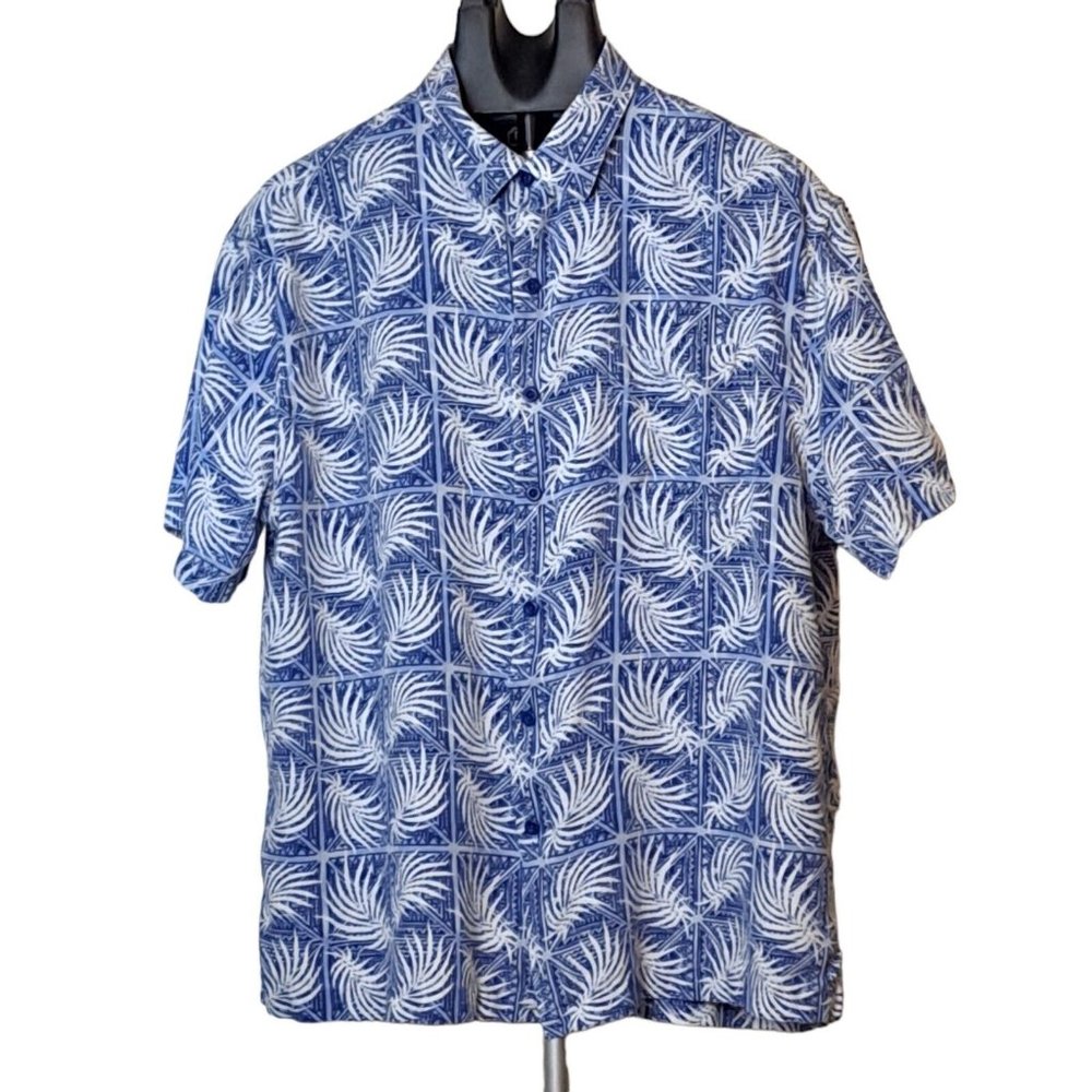 Nat Nast Silk Blend Tropical Shirt Blue White Leaf Fr… - Gem